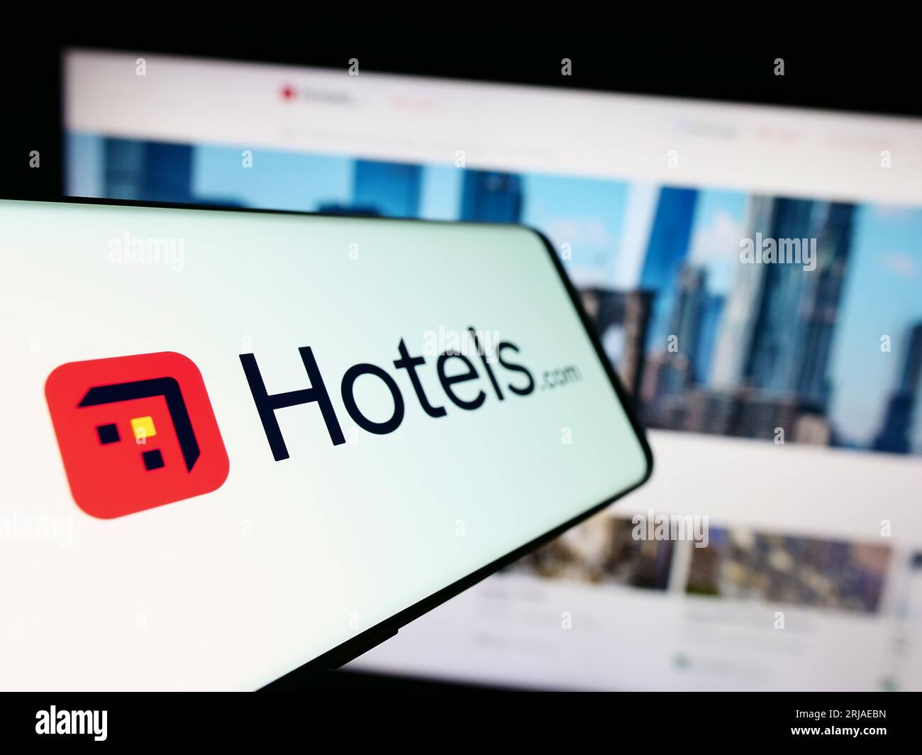Mobile phone with logo of American hotel booking company Hotels.com LP ...