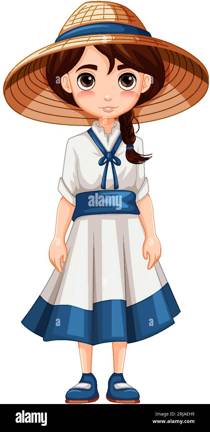 A cartoon illustration of a cute woman wearing traditional Asian dress ...