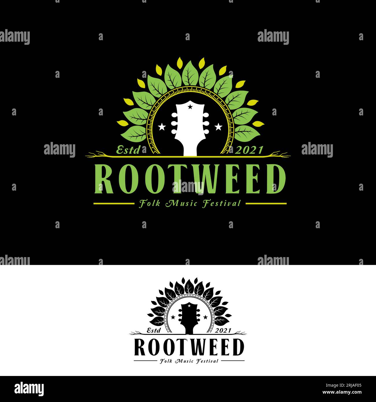Guitar Head Leaf And Root Logo For Folk Music Festival Stock Vector ...