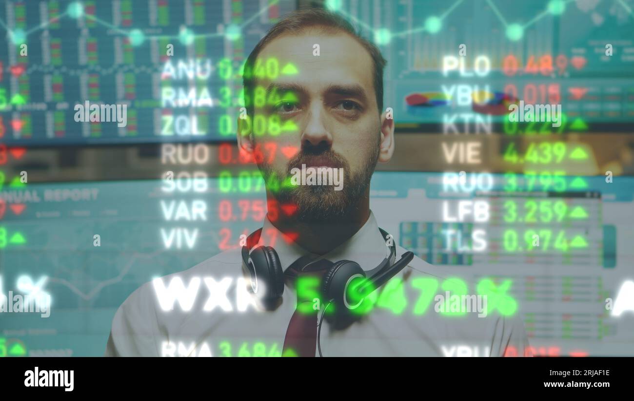 Focused businessman using augmented reality visualization, analyzing ... Focused businessman using augmented reality visualization, analyzing ...