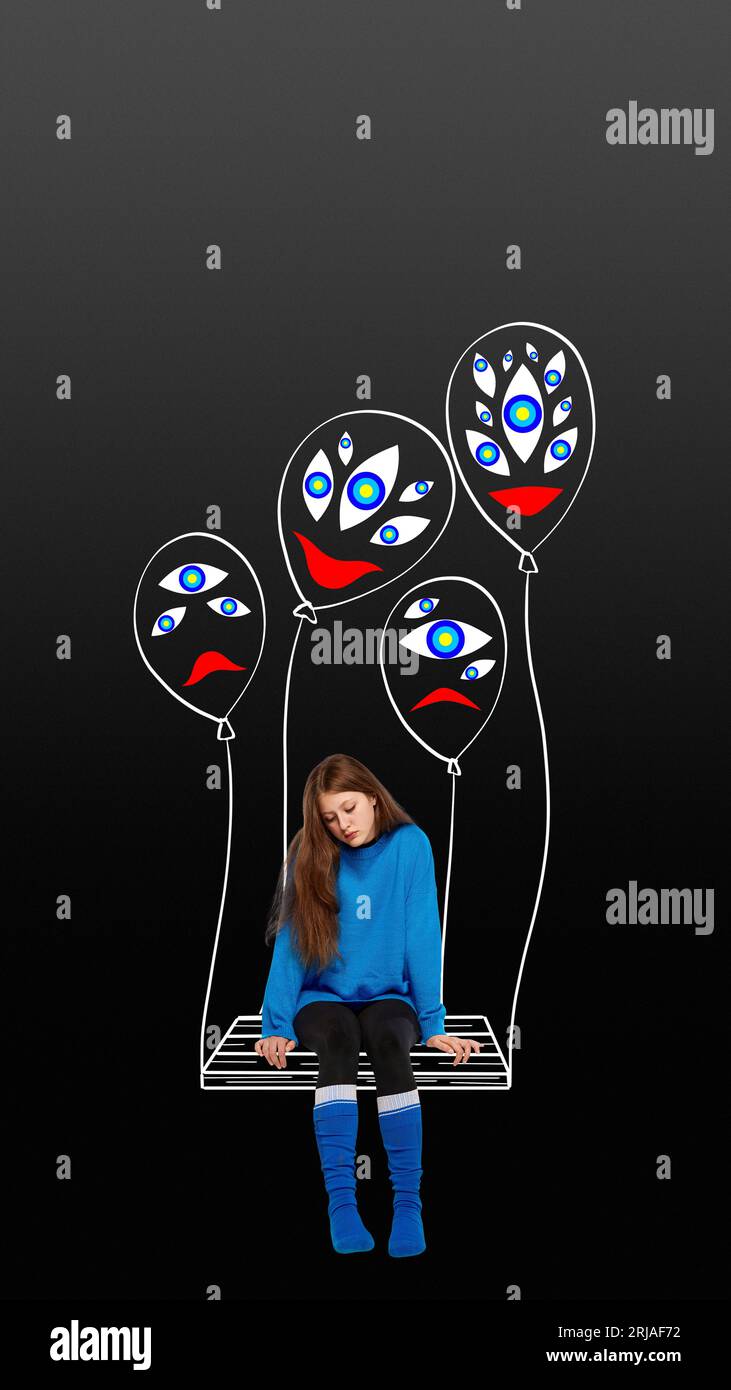 Teen girl sitting in sadness. feeling depressed, lonely and fearful ...