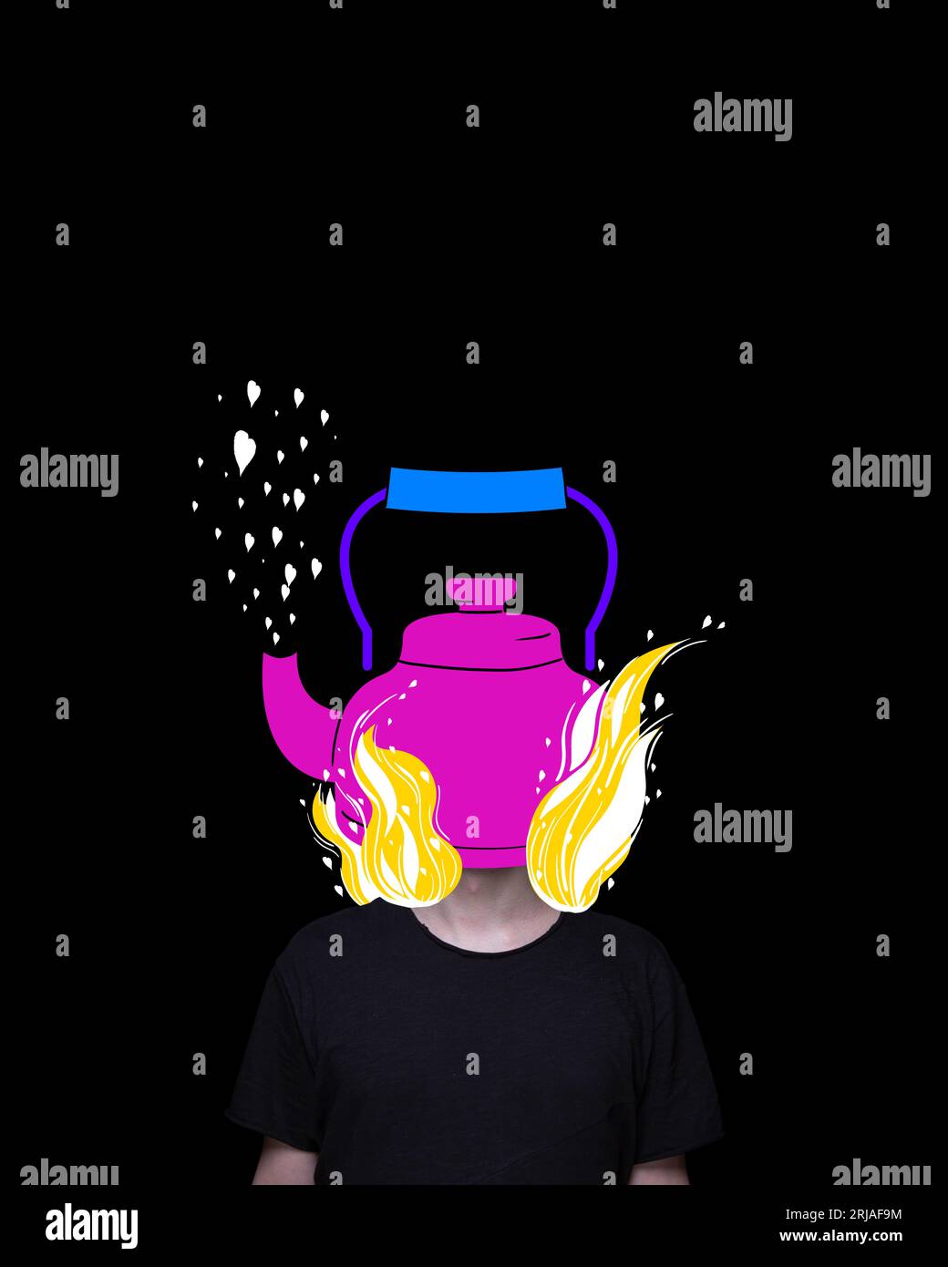 Burn out. Young guy with burning hot kettle instead head. Stress ...