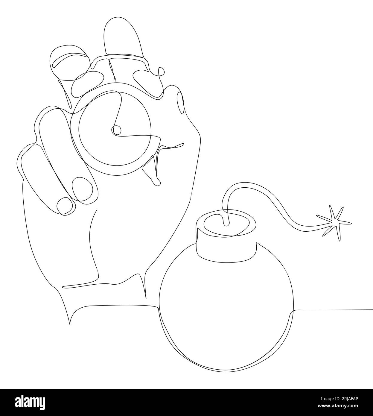 One continuous line of alarm clock with Bomb. Thin Line Illustration ...