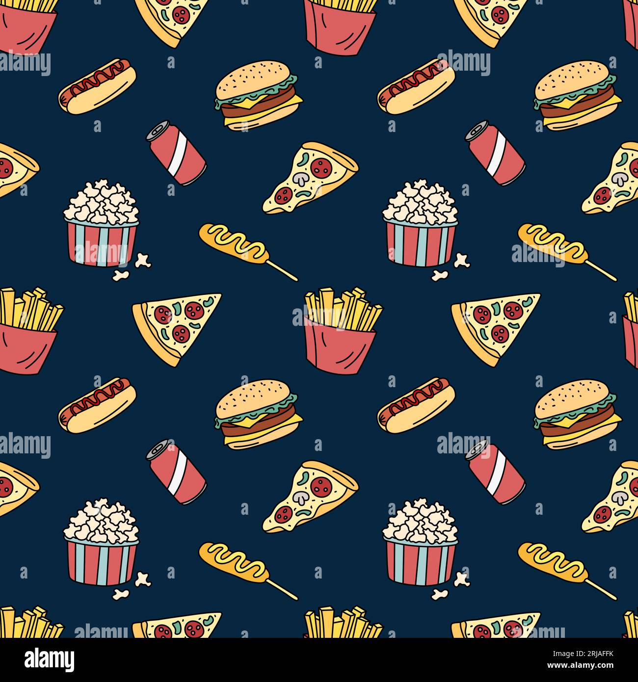Fast food vector seamless pattern. Fastfood elements background. Hand ...