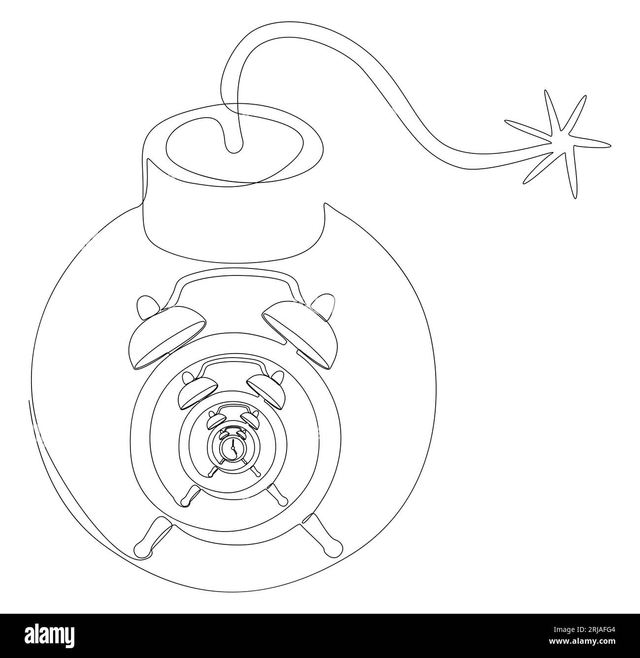 One continuous line of alarm clock with Bomb. Thin Line Illustration ...