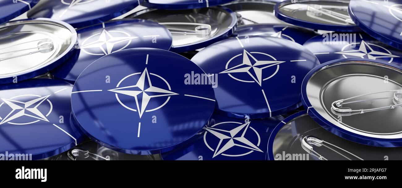 NATO - round badges with flags - voting, election concept - 3D ...