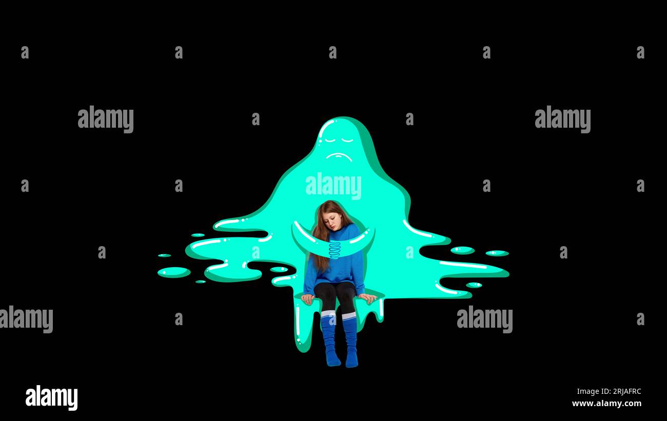 Sad, unhappy teen girl sitting in depression around inner fears and ...