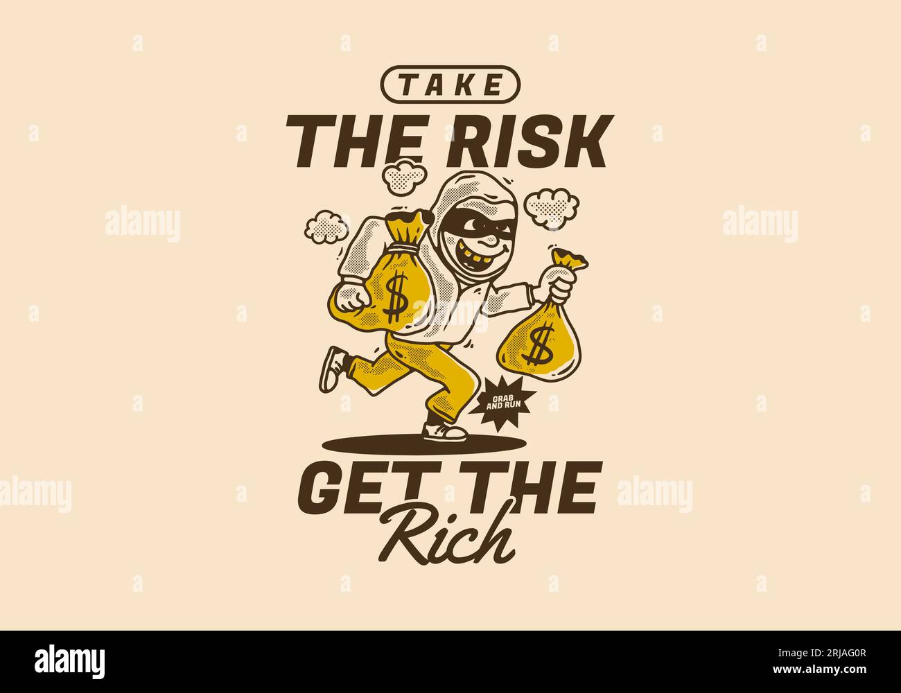 Take the risk get the rich. Bank robber character holding a money sack ...