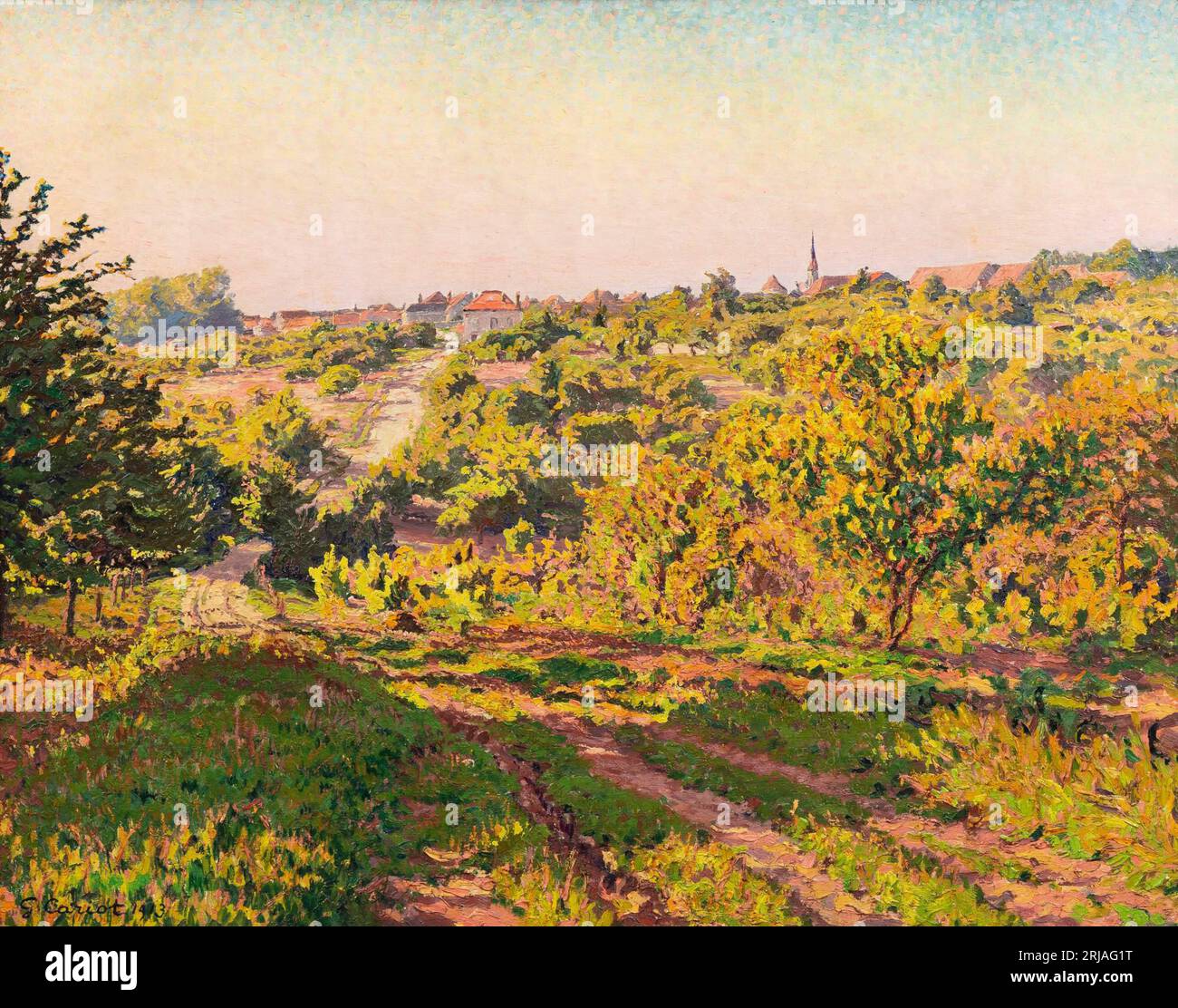 Bell tower landscape Painted in 1913. by Gustave Cariot Stock Photo - Alamy