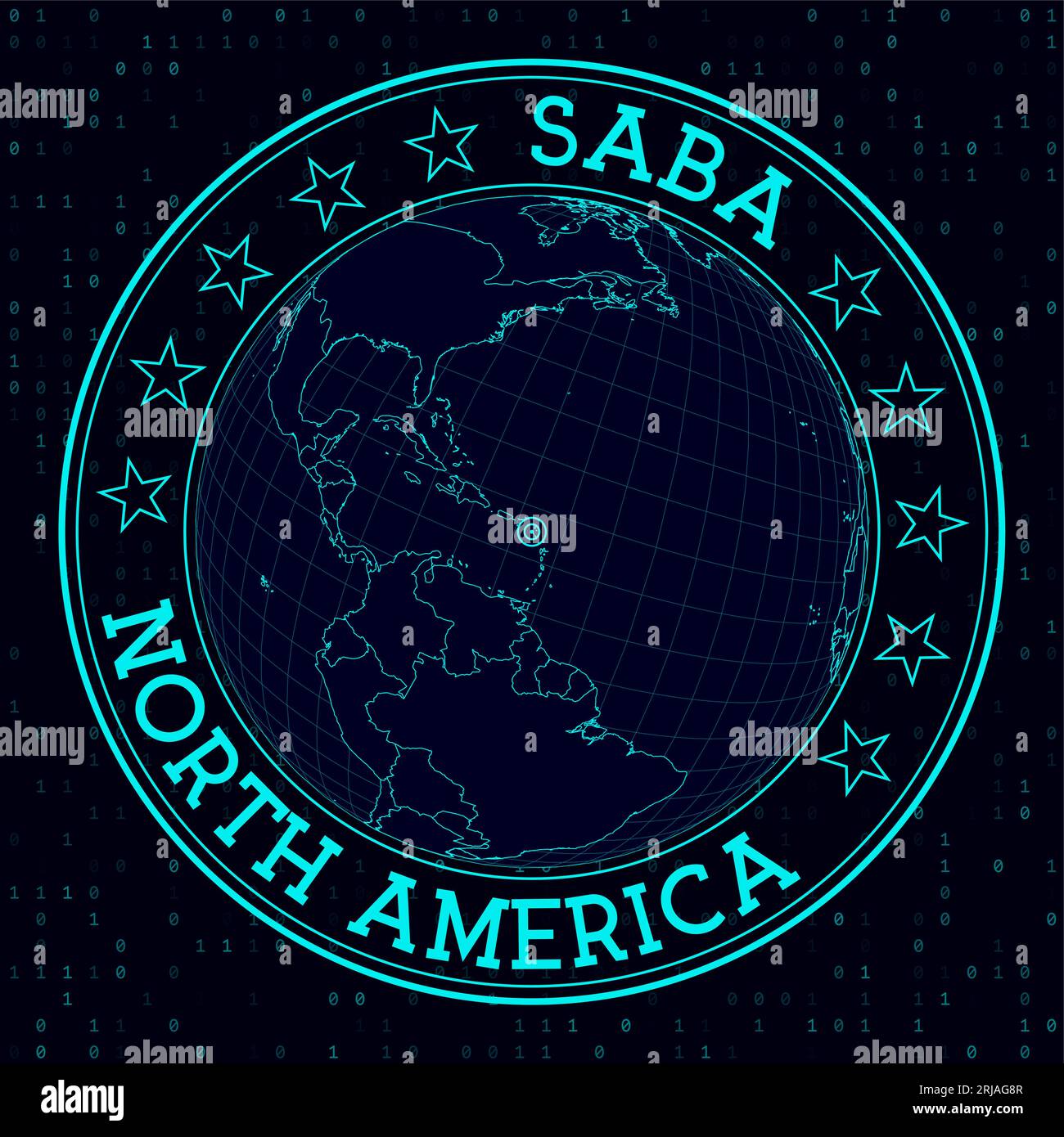 SABA round sign. Futuristic satelite view of the world centered to SABA ...