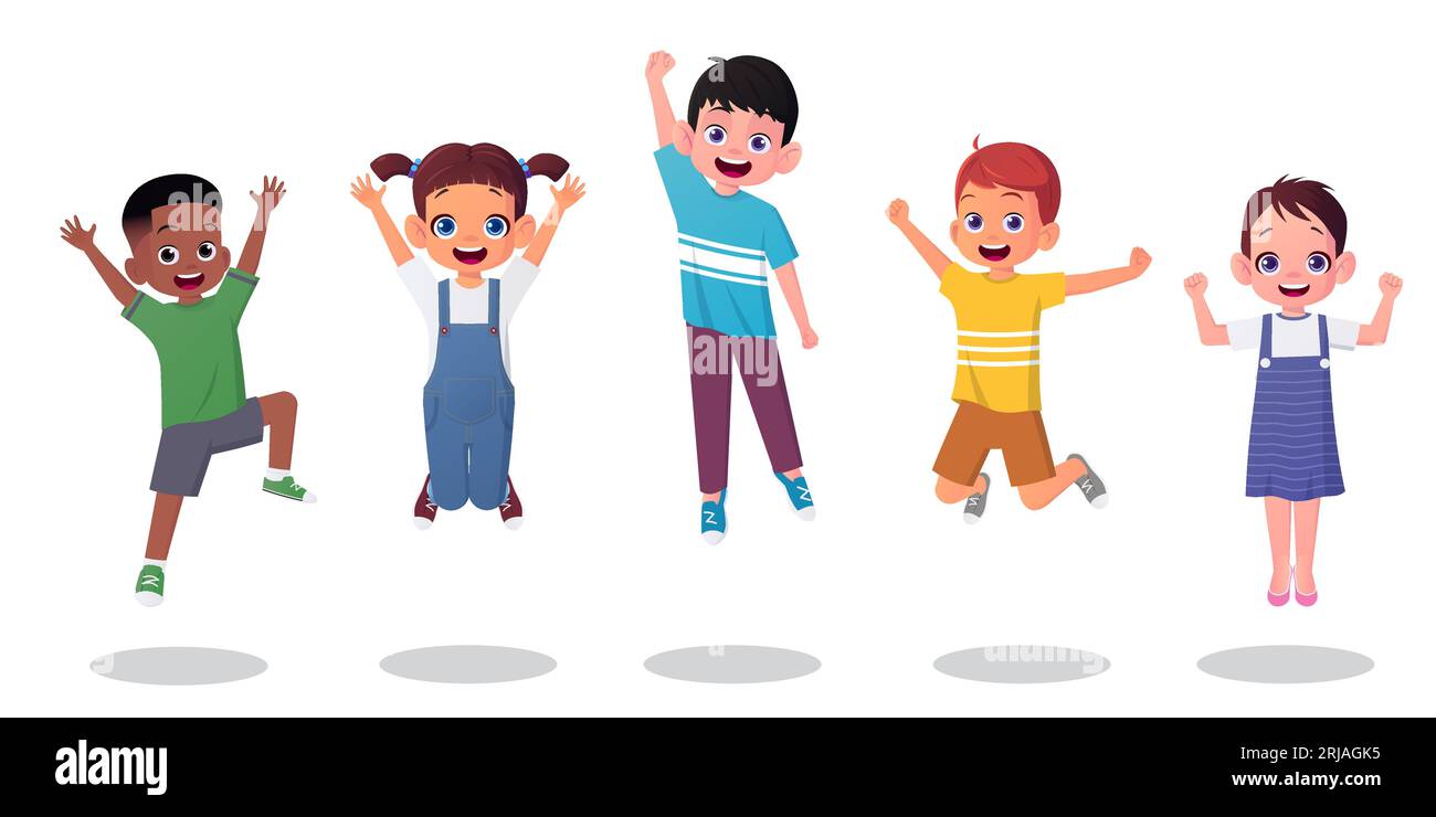 Joyful Kids jumping Together, Children Group Having Fun In Different ...