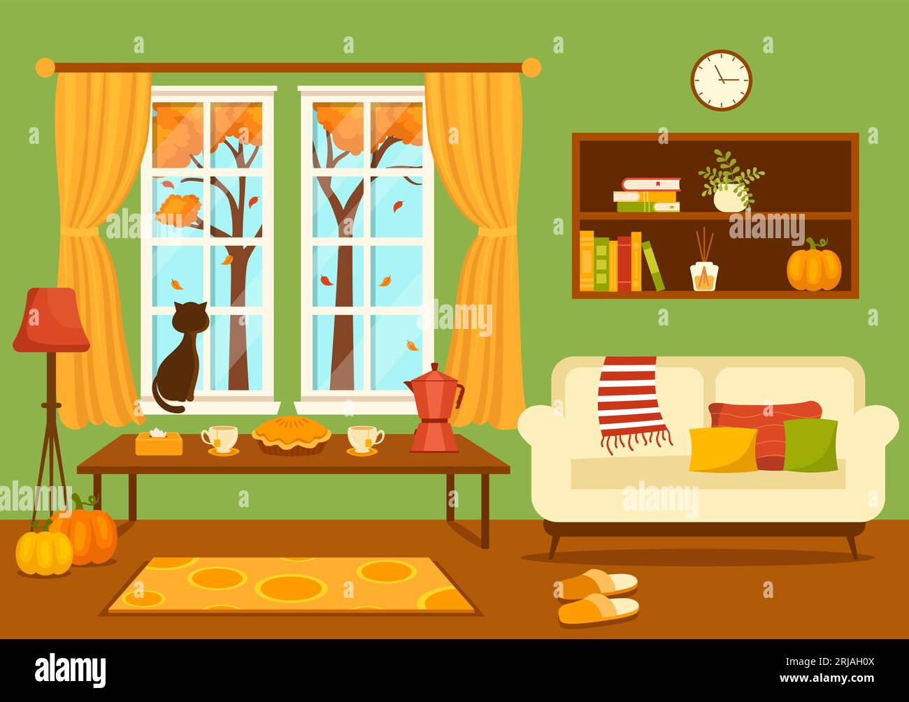 Autumn Cozy Home Decor Vector Illustration with Living Room Interior ...