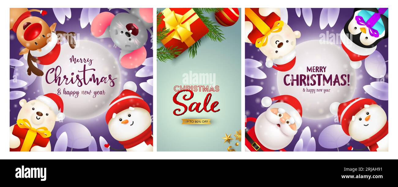 Christmas Sale poster set with cartoon characters Stock Vector Image ...