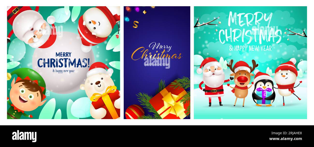Merry Christmas postcard set with funny cartoon characters Stock Vector ...