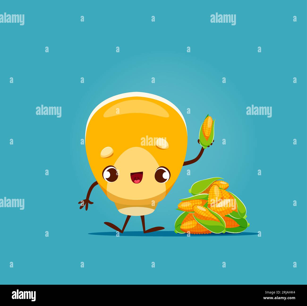 Cartoon cheerful corn grain character. Adorable food personage proudly ...