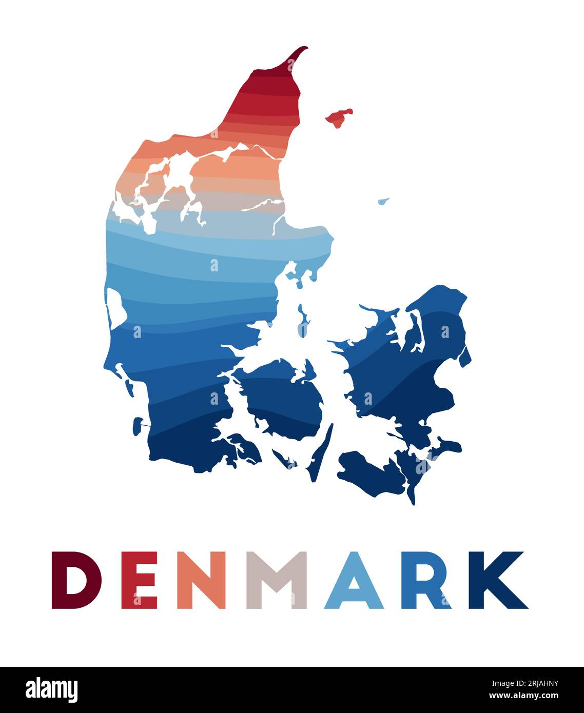 Denmark map. Map of the country with beautiful geometric waves in red ...