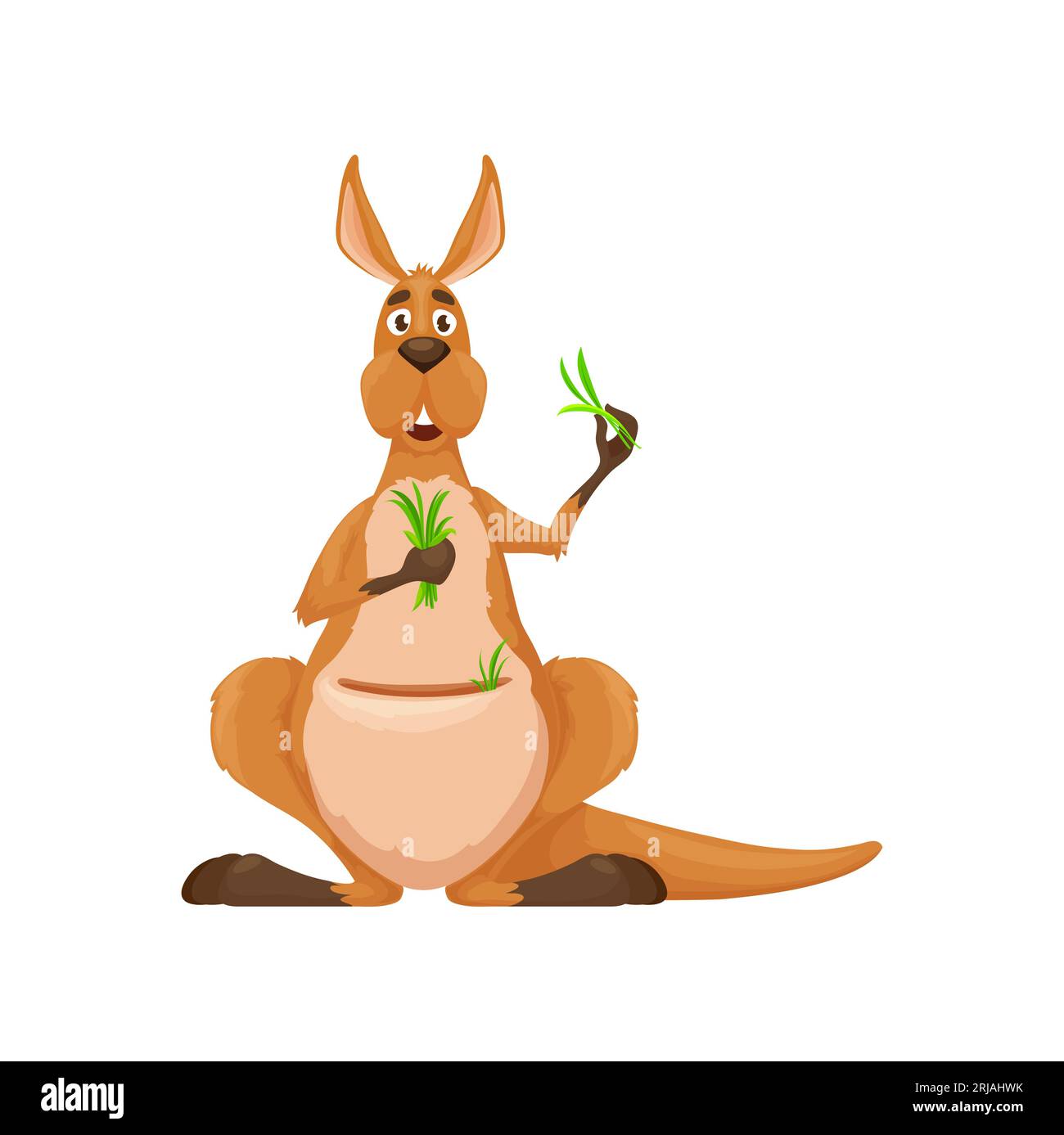 Cartoon kangaroo character with green grass in pouch, vector cute ...