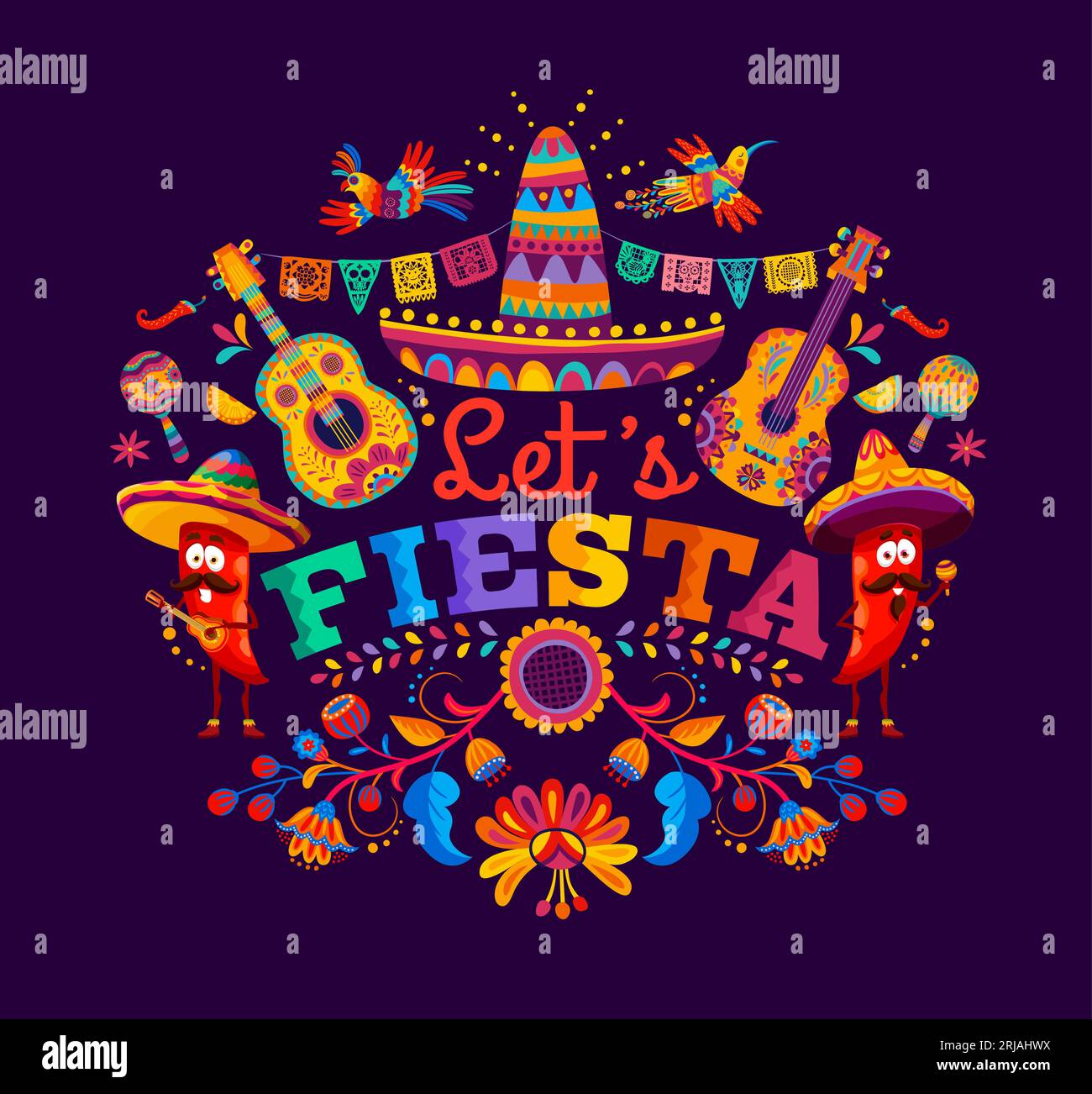 Mexican fiesta party banner with pepper mariachi, sombrero and guitars ...