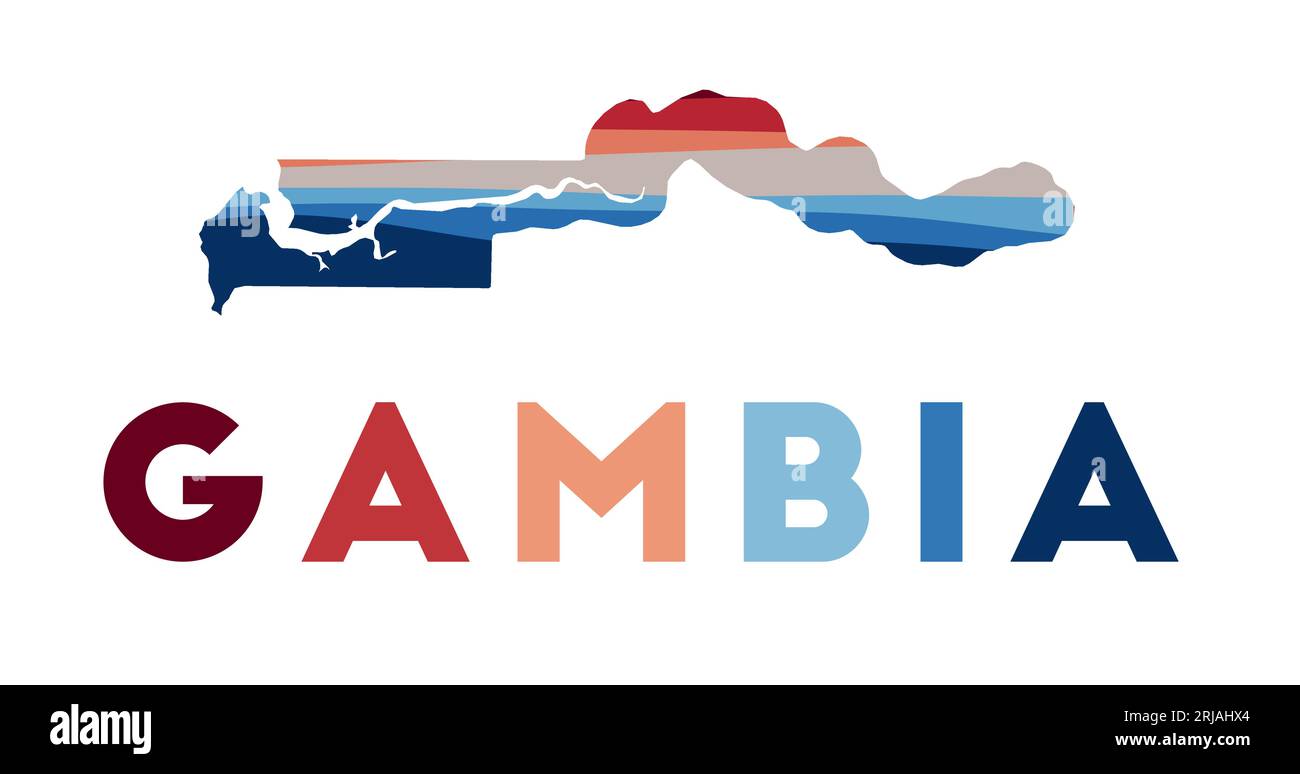 Gambia map. Map of the country with beautiful geometric waves in red and blue colors. Vivid ...