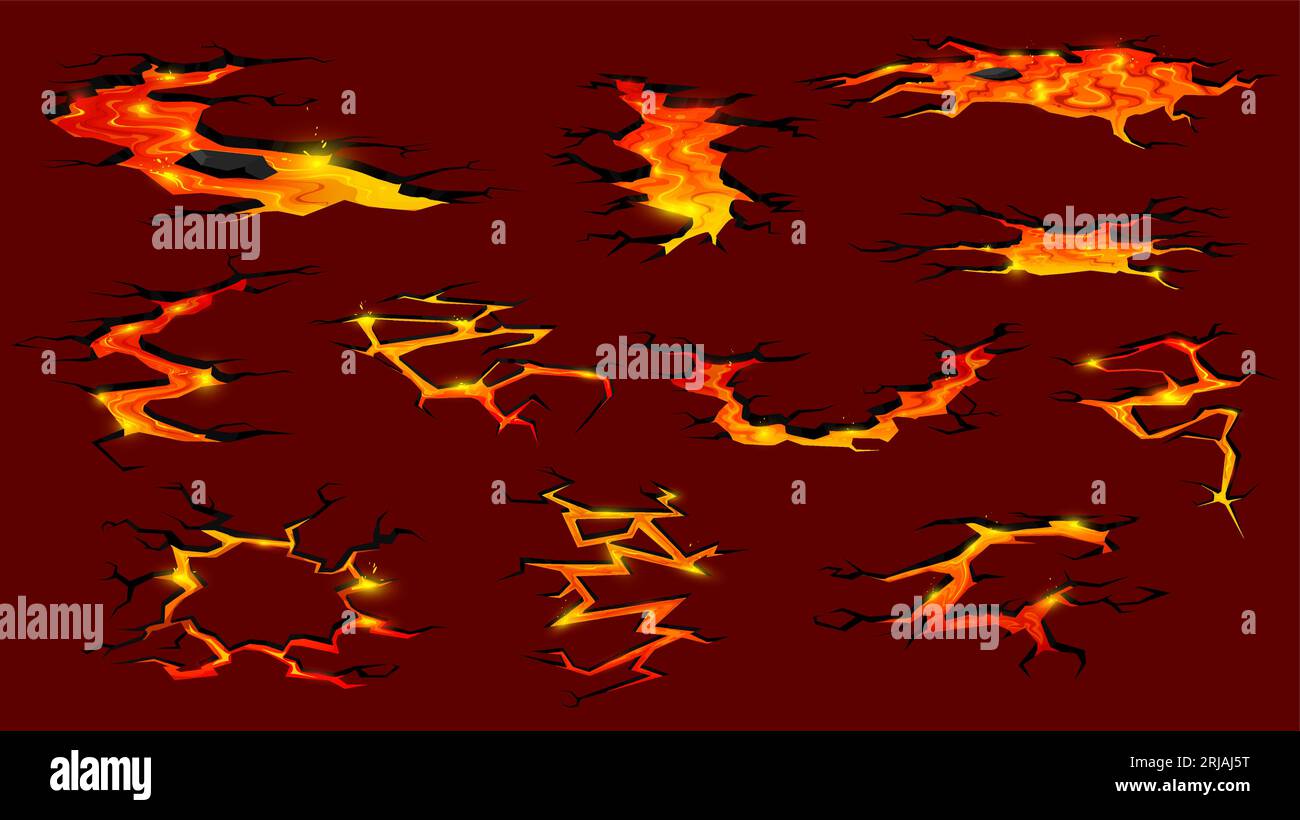 Volcano lava or magma fire ground cracks. Cartoon vector earthquake ...