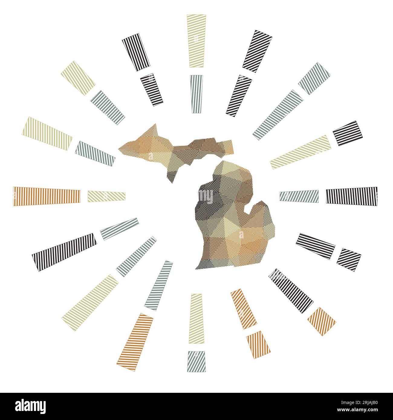 Michigan sunburst. Low poly striped rays and map of the US state ...