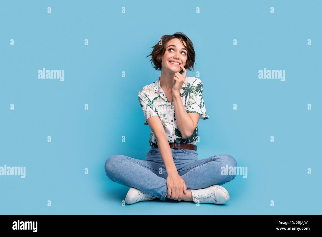 Full length photo of tricky cunning lady wear print shirt finger lips ...