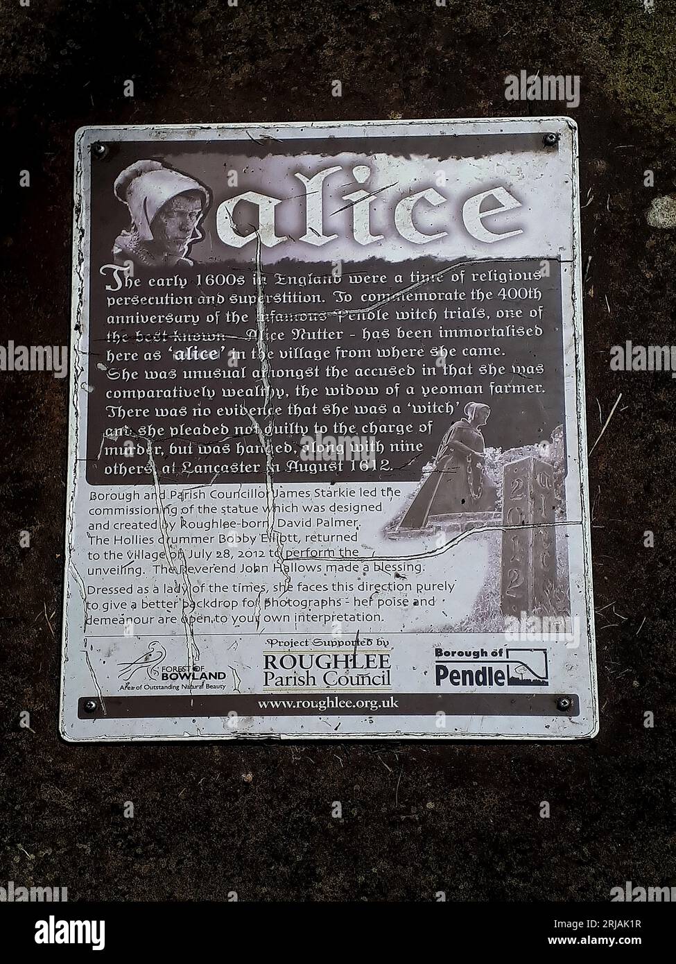 Statue of Dame Alice Nutter in Roughlee village on Pendle Hill Stock ...