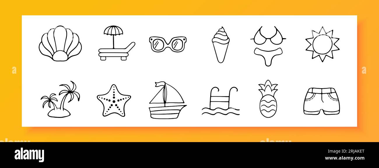 Summer vacation line icon. Ice cream, sun, heat, island, shorts, glasses, sailboat. Vector black ...