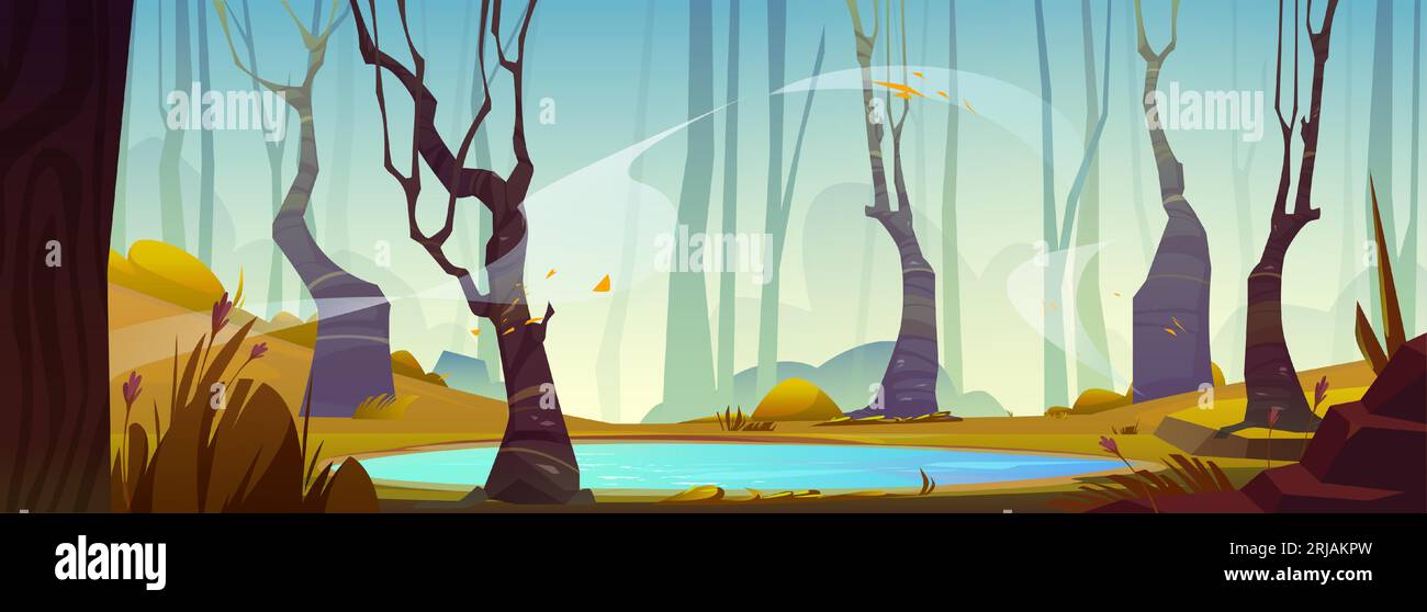 Small lake in autumn forest. Vector cartoon illustration of blue pond ...