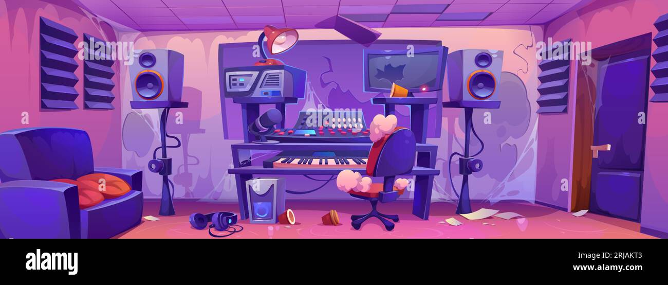 Abandoned music record studio cartoon vector. Messy radio room for ...