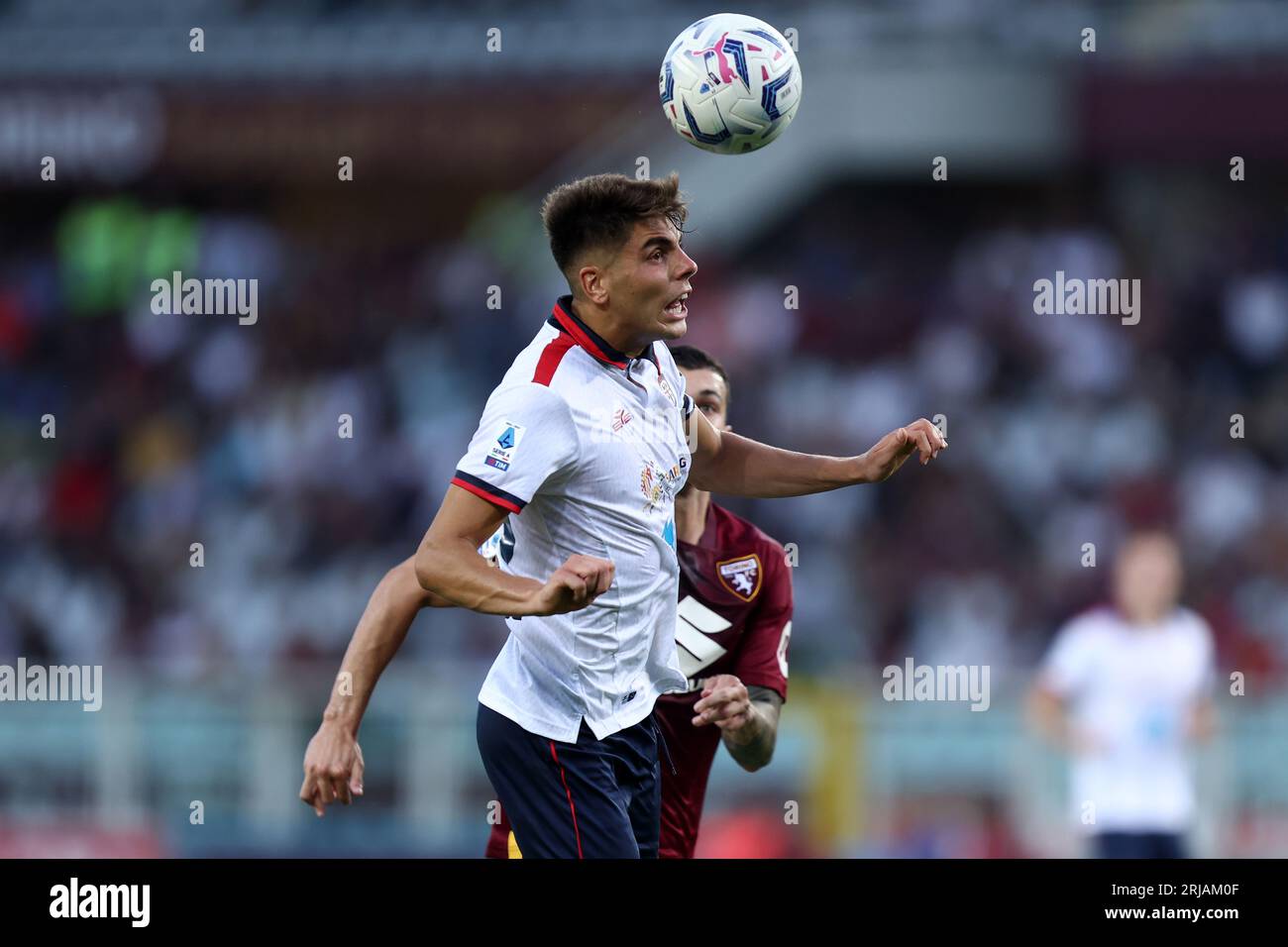 Torino, Italy. 21st Aug, 2023. Adam Obert of Cagliari Calcio controls ...