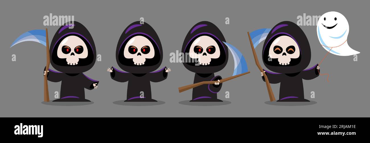 Set of cute Grim reaper . Halloween cartoon characters . Vector Stock ...