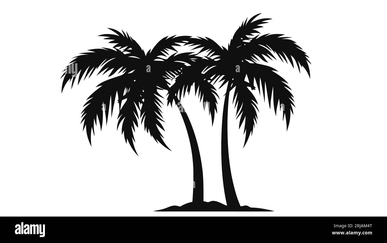 Tropical palm trees, black silhouettes and outline contours on white ...