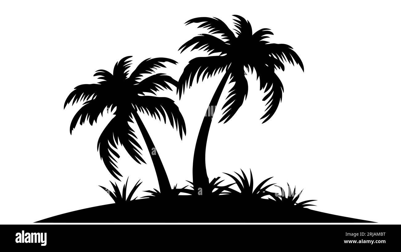 Tropical palm trees, black silhouettes and outline contours on white ...