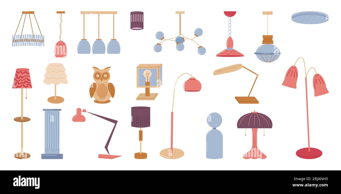 Set of lighting fixtures for home decor. Interior design. Vector flat ...