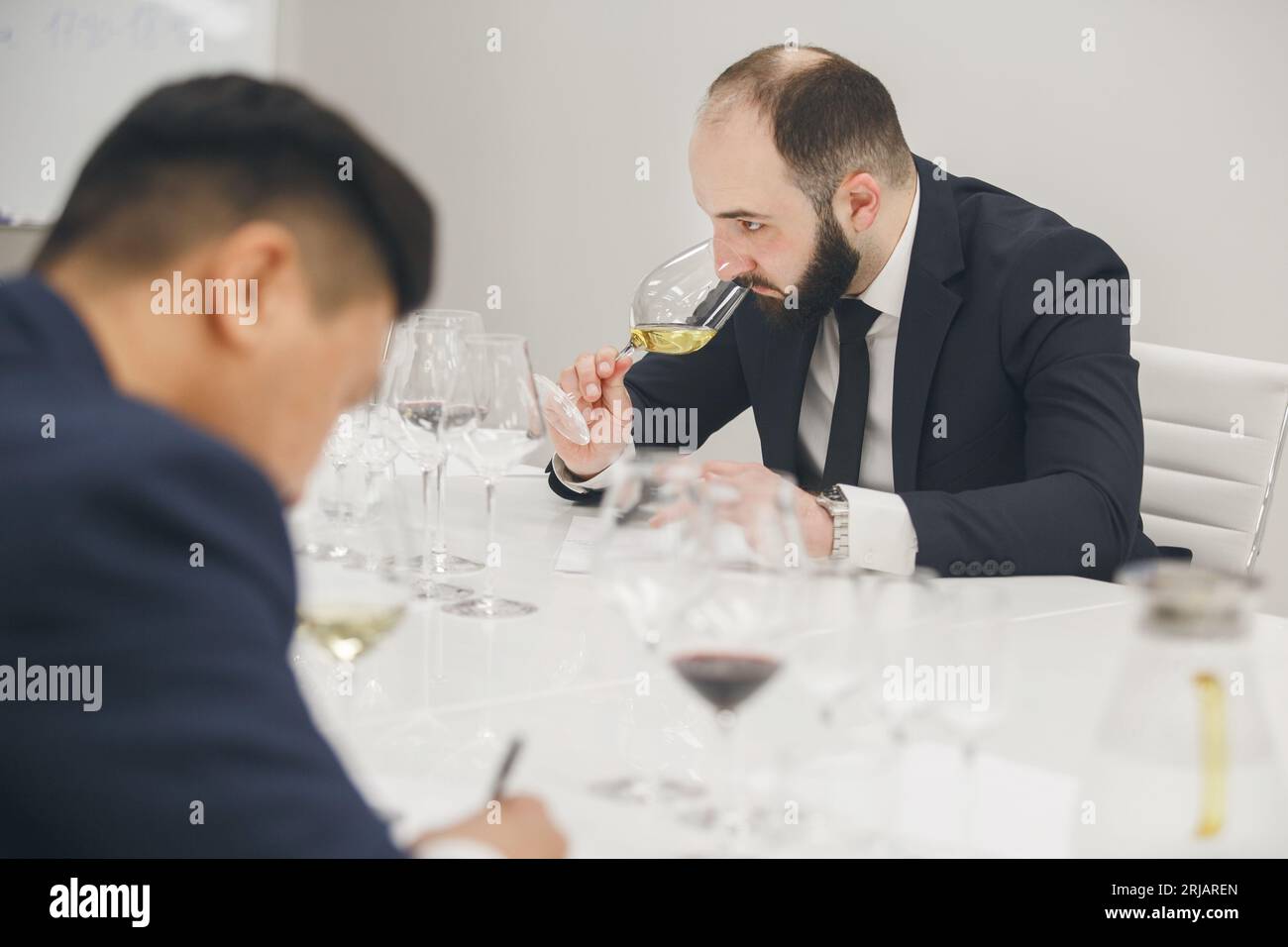 Sommelier degustate wine. Blind wine tasting. Training of restaurant ...