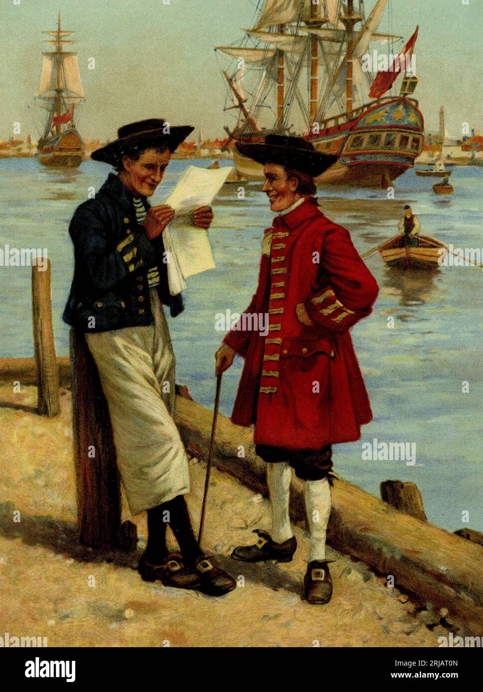 Chromolithograph of a sailor reading a letter with a friend at the port ...