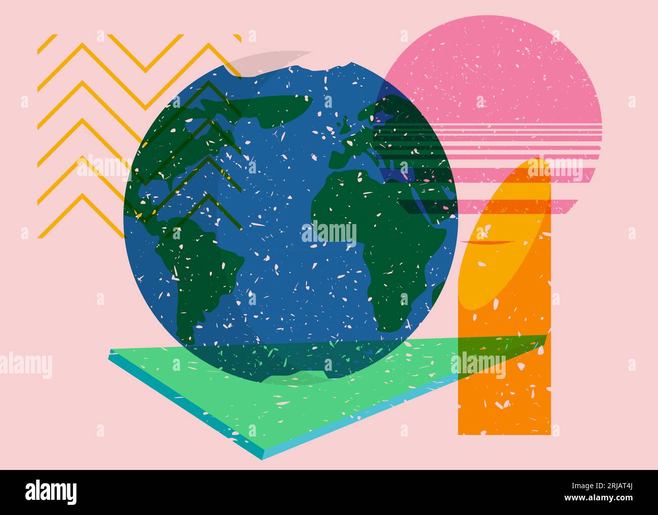 Planet Earth with colorful geometric shapes. Object in trendy riso ...