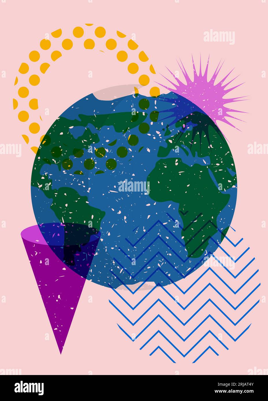 Planet Earth with colorful geometric shapes. Object in trendy riso ...