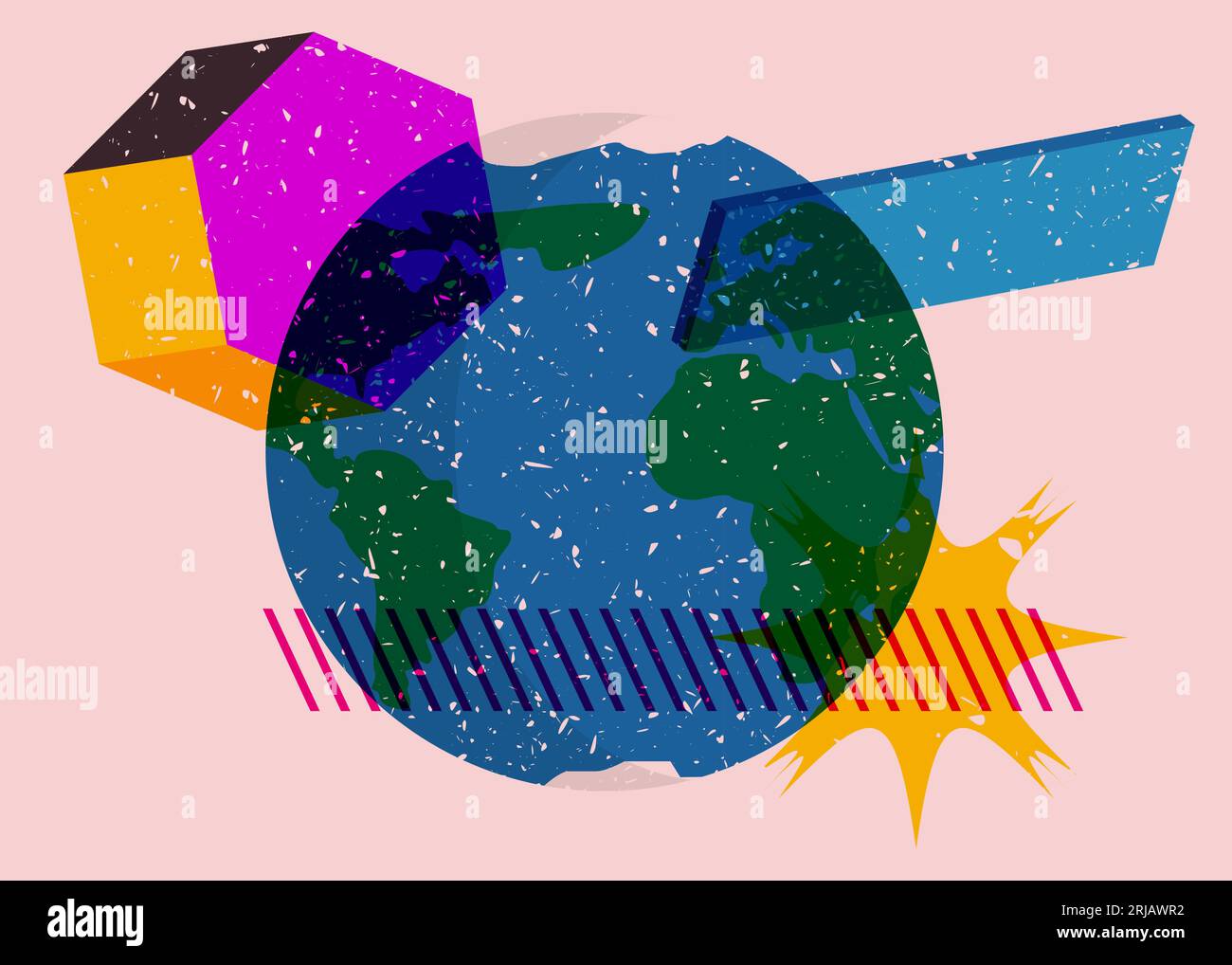 Planet Earth with colorful geometric shapes. Object in trendy riso ...