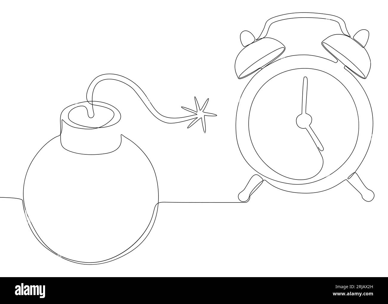 One continuous line of alarm clock with Bomb. Thin Line Illustration ...