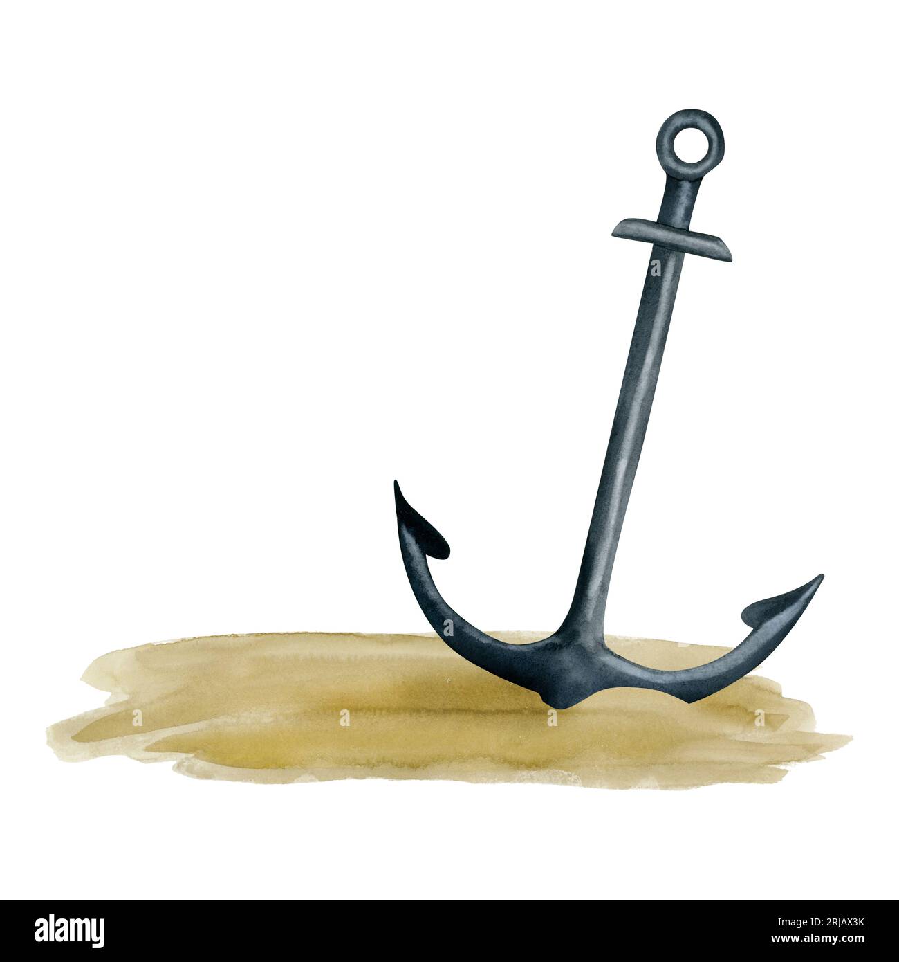 Watercolor steel anchor in the sand of sea bottom illustration isolated ...