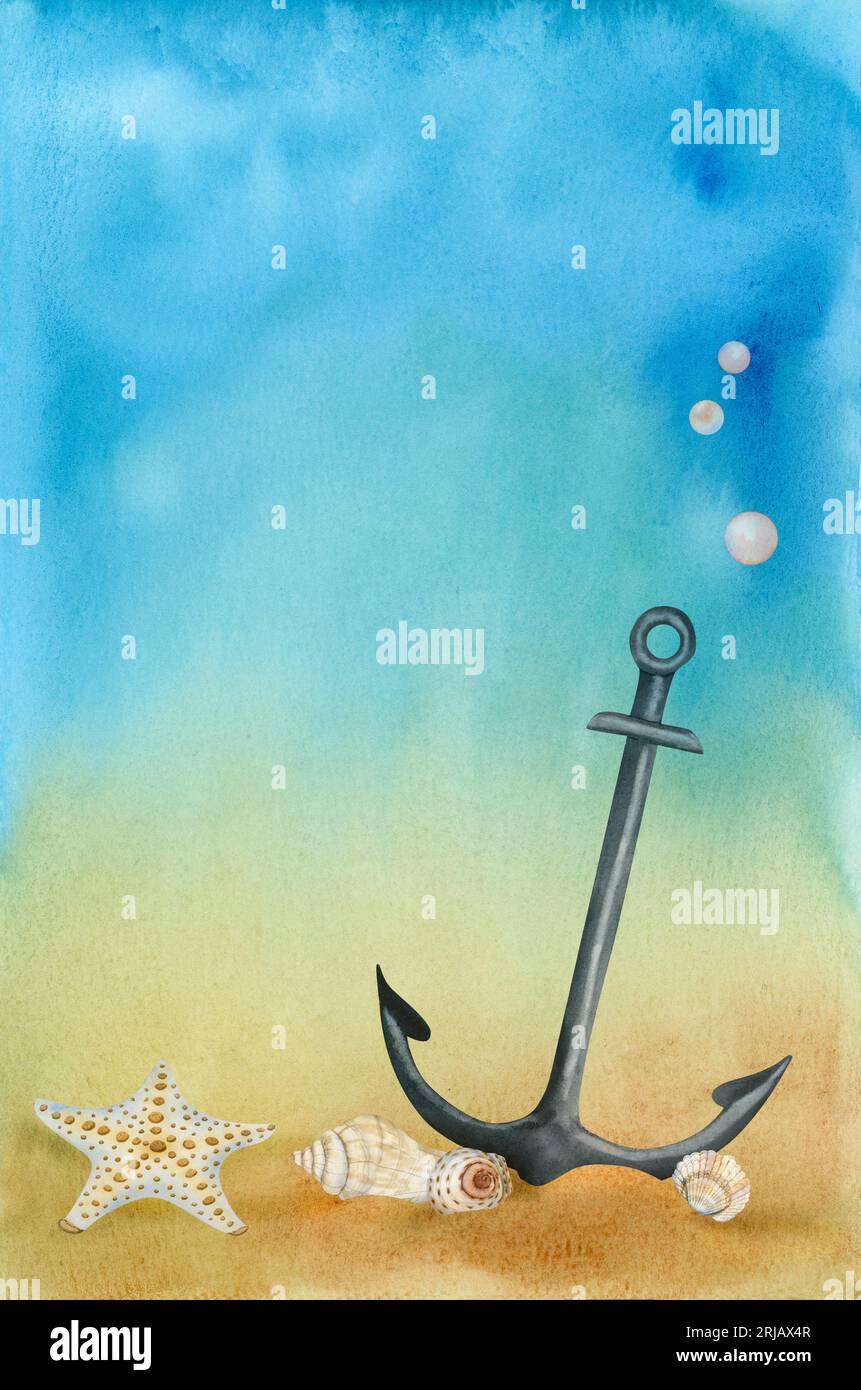 Steel anchor and seashells in the sand of turquoise blue and yellow sea ...