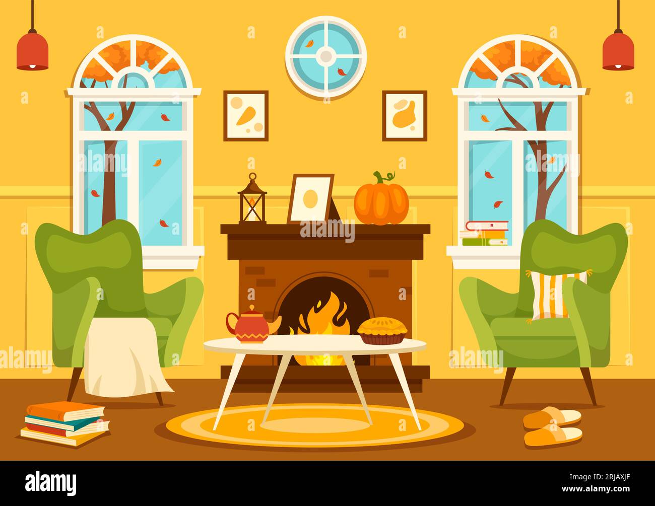 Autumn Cozy Home Decor Vector Illustration with Living Room Interior ...