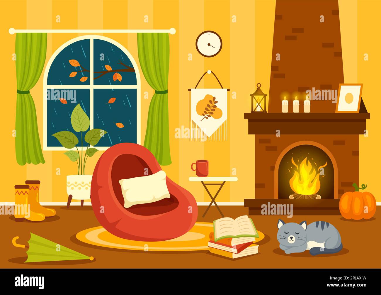 Autumn Cozy Home Decor Vector Illustration with Living Room Interior ...