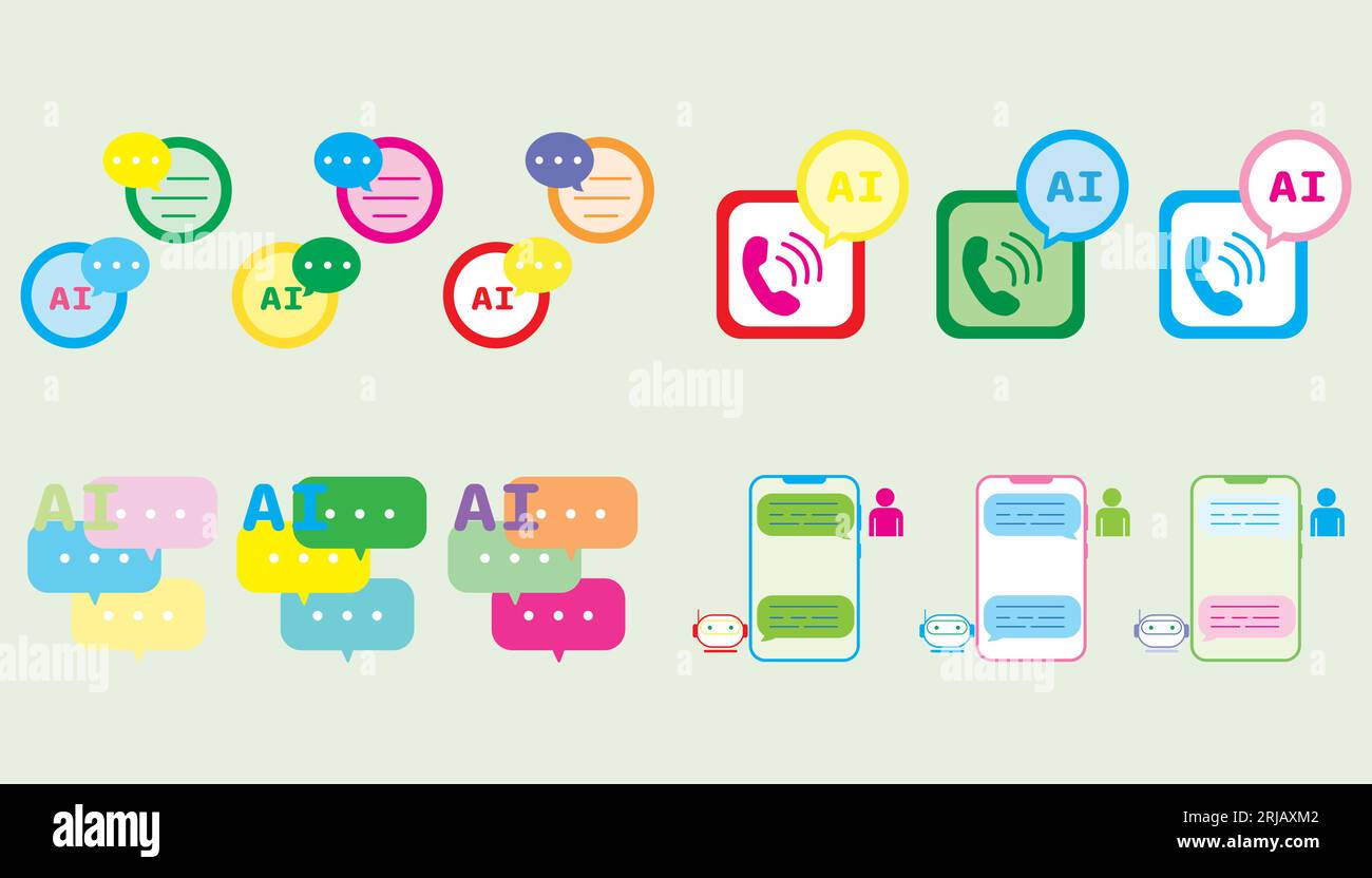 Collection illustration chat symbol icon talking to AI robot.Set of AI ...