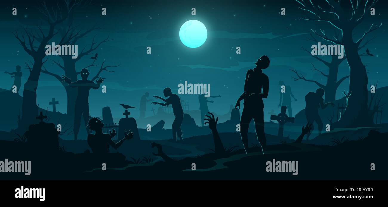 Halloween scary zombie horror graveyard background. Dead apocalypse ...