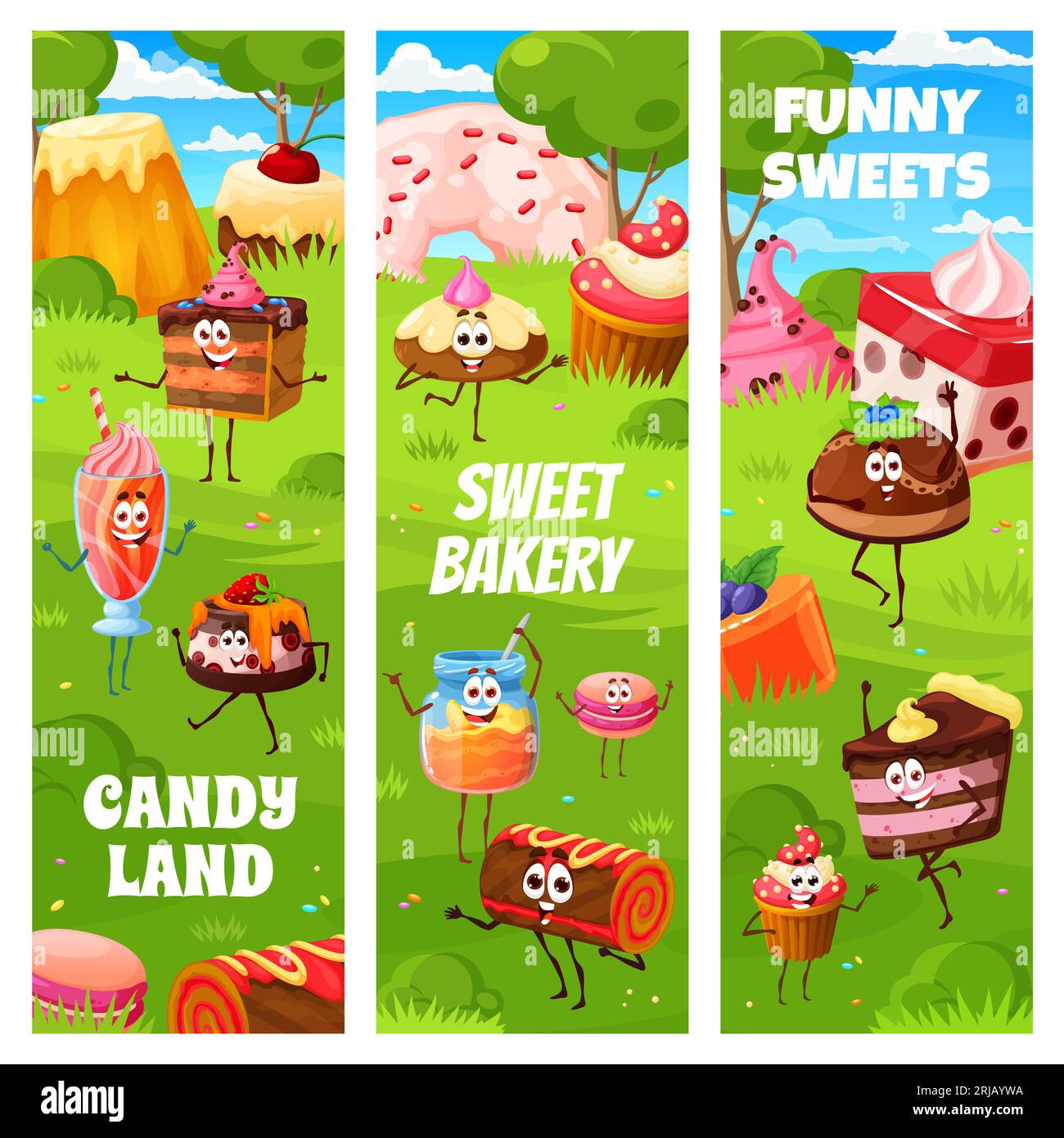 Candy party cartoon desserts, pastry and cake characters. Vector ...