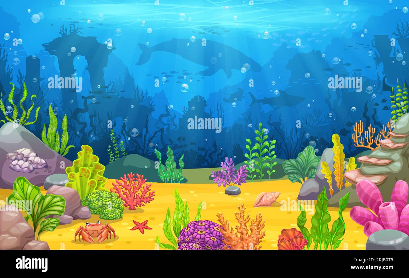 Underwater landscape with sea animal silhouettes, sunken ancient town ...