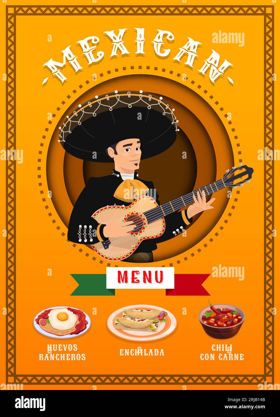 Mexican cuisine menu page with mariachi musician and food. Showcasing ...